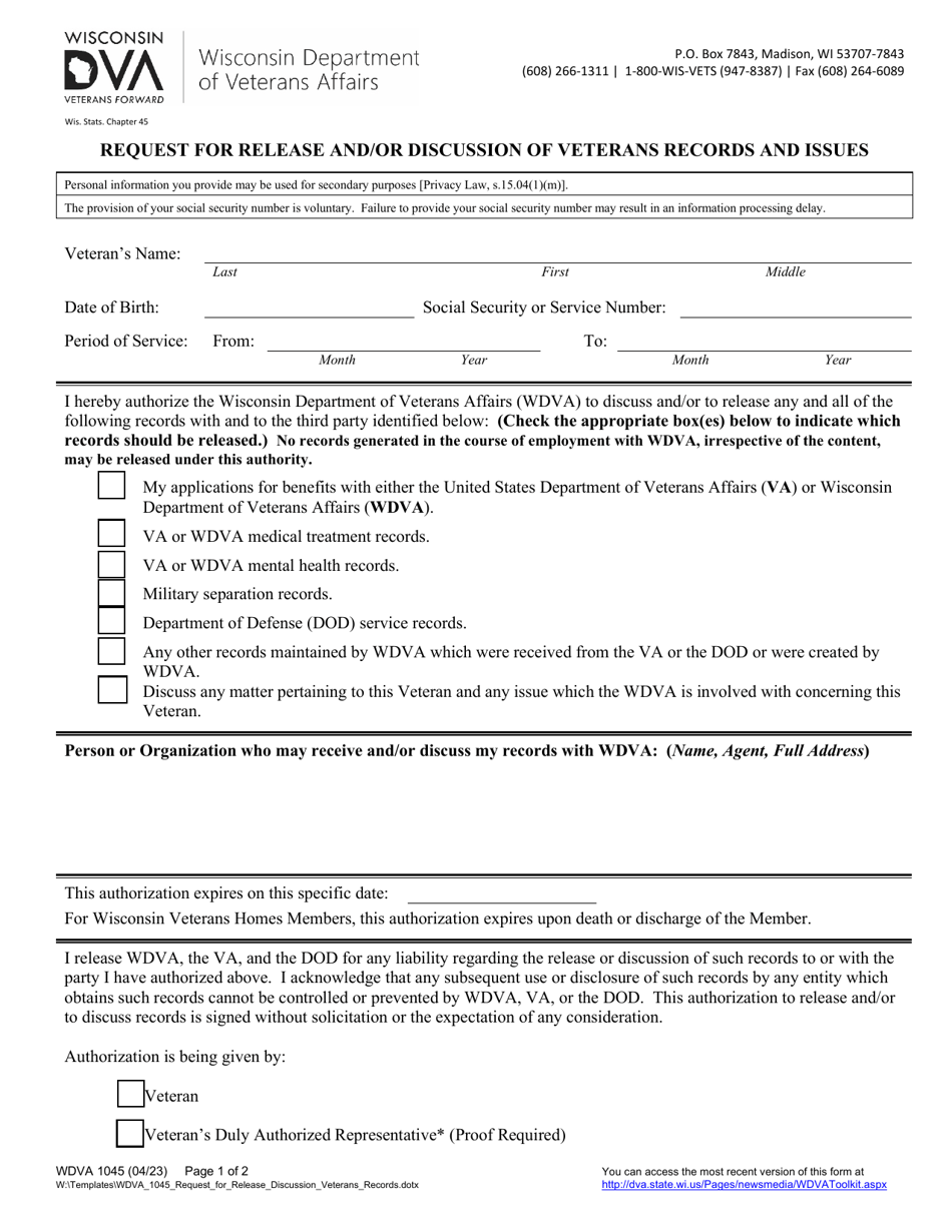 Form WDVA1045 Download Fillable PDF or Fill Online Request for Release ...