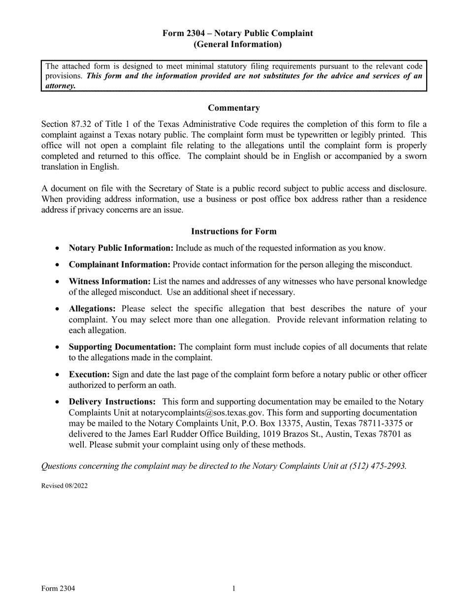 Form 2304 - Fill Out, Sign Online and Download Fillable PDF, Texas ...