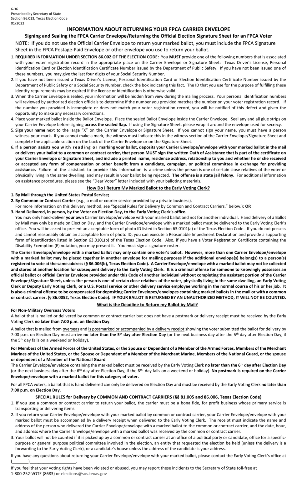 Download Instructions for Form 6-35 Carrier Envelope for Early Voting ...