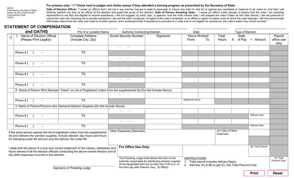 Form AW8-3 Download Fillable PDF or Fill Online Statement of ...