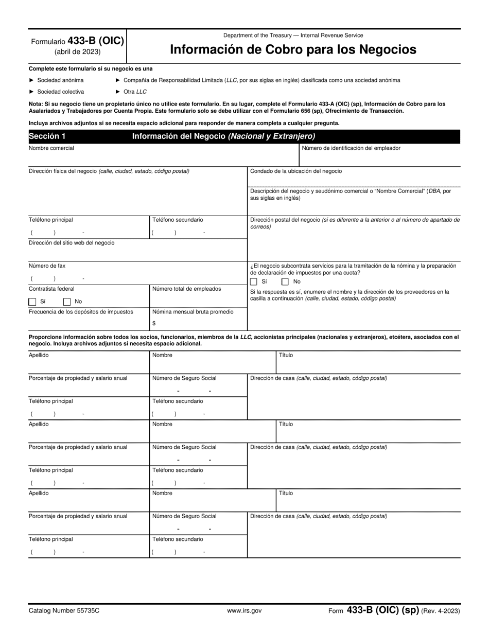 IRS Formulario 433-B (OIC) Download Fillable PDF or Fill Online Informacion De Cobro Para Los ...