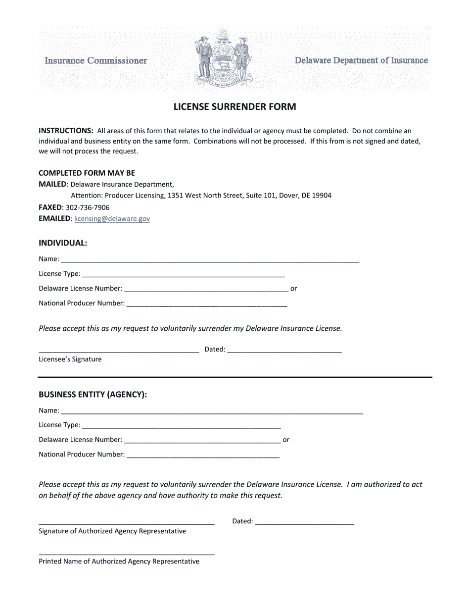 Delaware License Surrender Form - Fill Out, Sign Online and Download ...