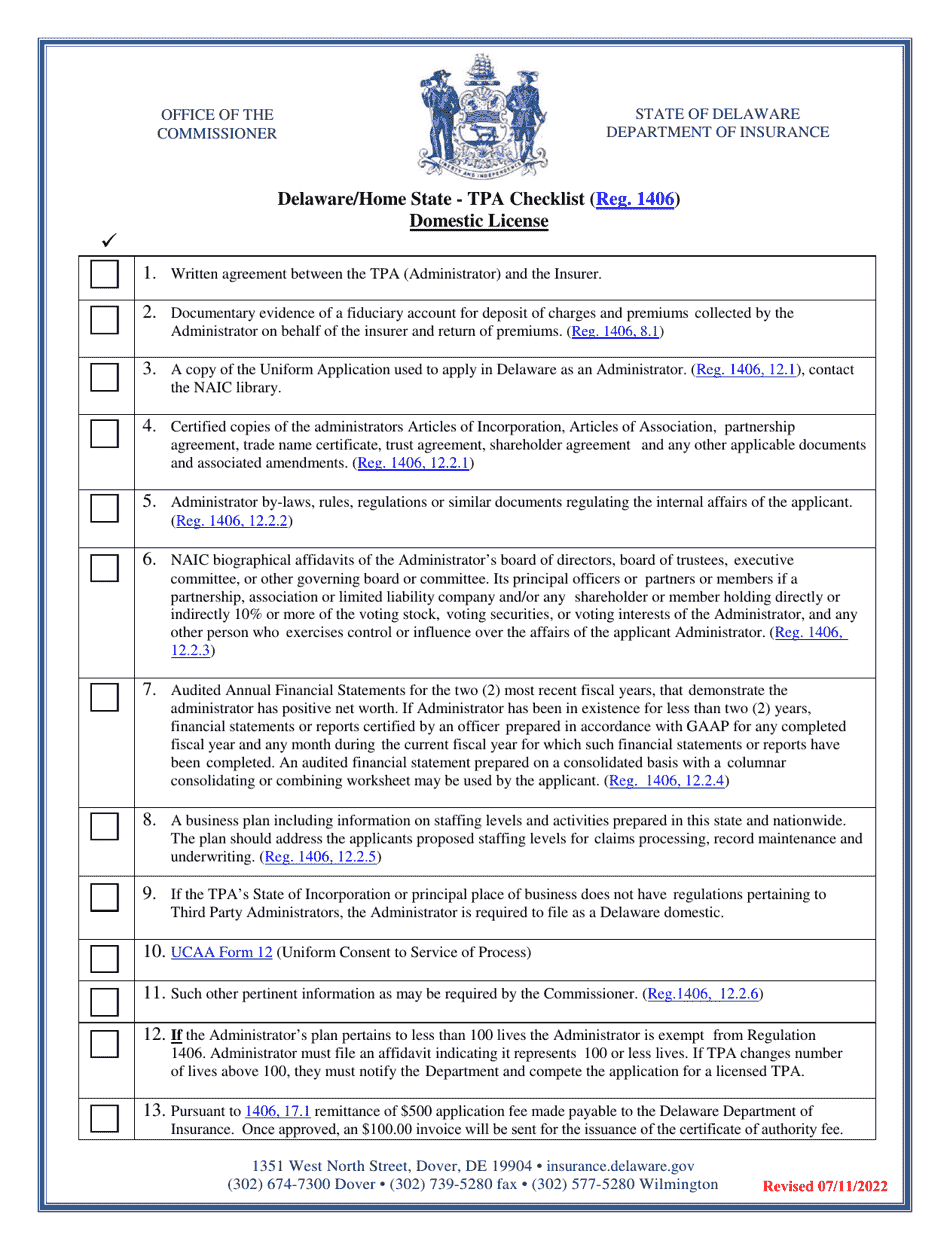 Delaware Delaware/Home State - Tpa Checklist (Reg. 1406) - Domestic ...