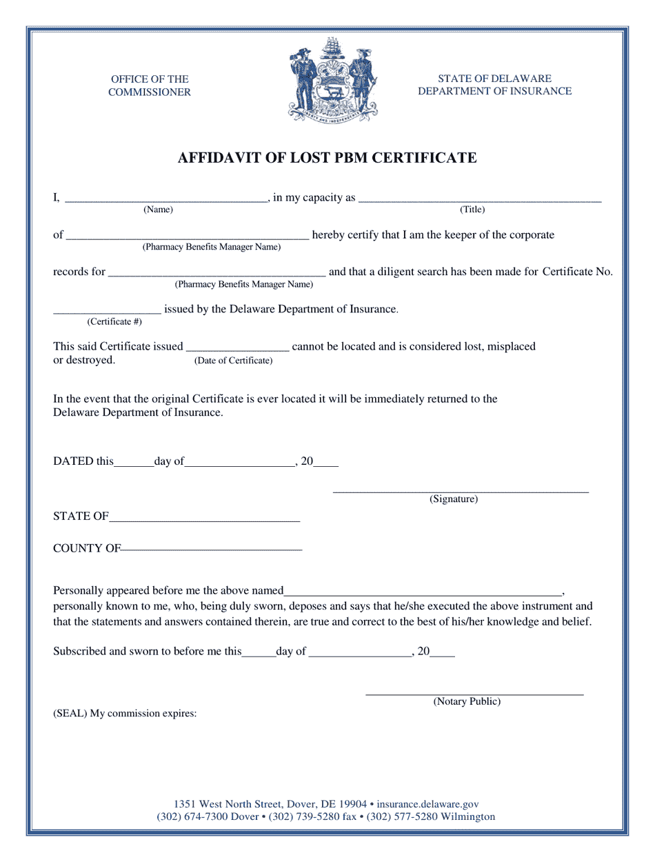 Delaware Affidavit of Lost Pbm Certificate - Fill Out, Sign Online and ...