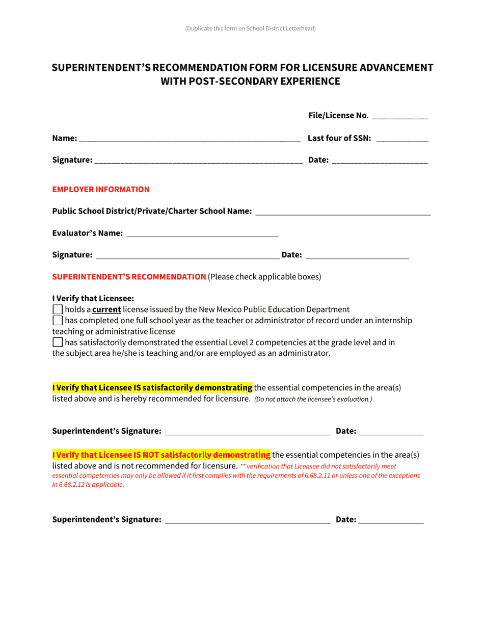 New Mexico Superintendent'srecommendationform for Licensure Advancement ...
