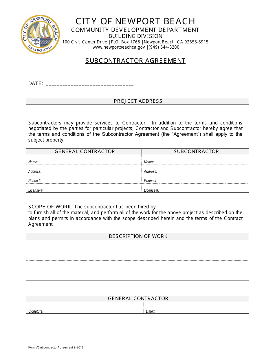 City of Newport Beach, California Subcontractor Agreement - Fill Out ...