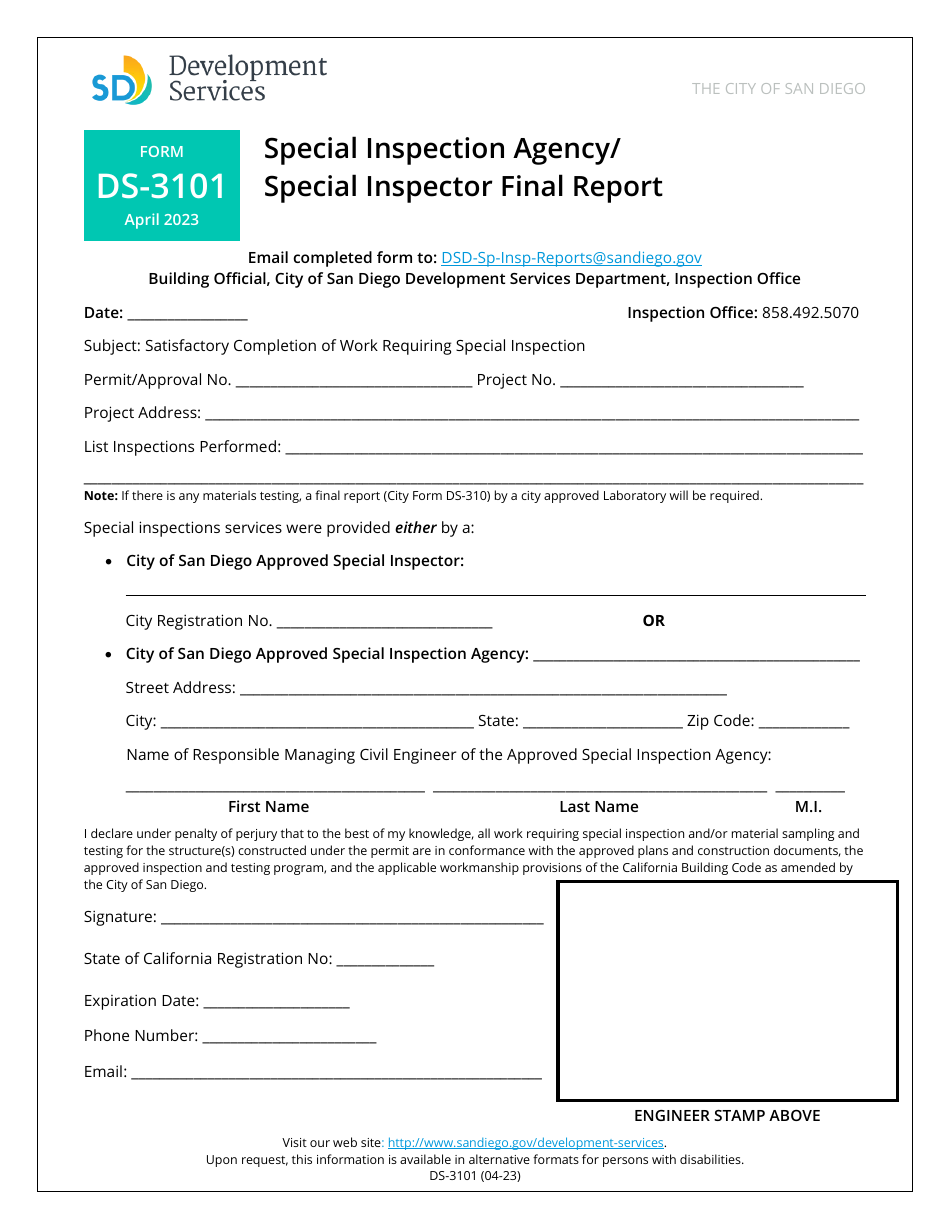 Form DS-3101 Download Fillable PDF or Fill Online Special Inspection ...