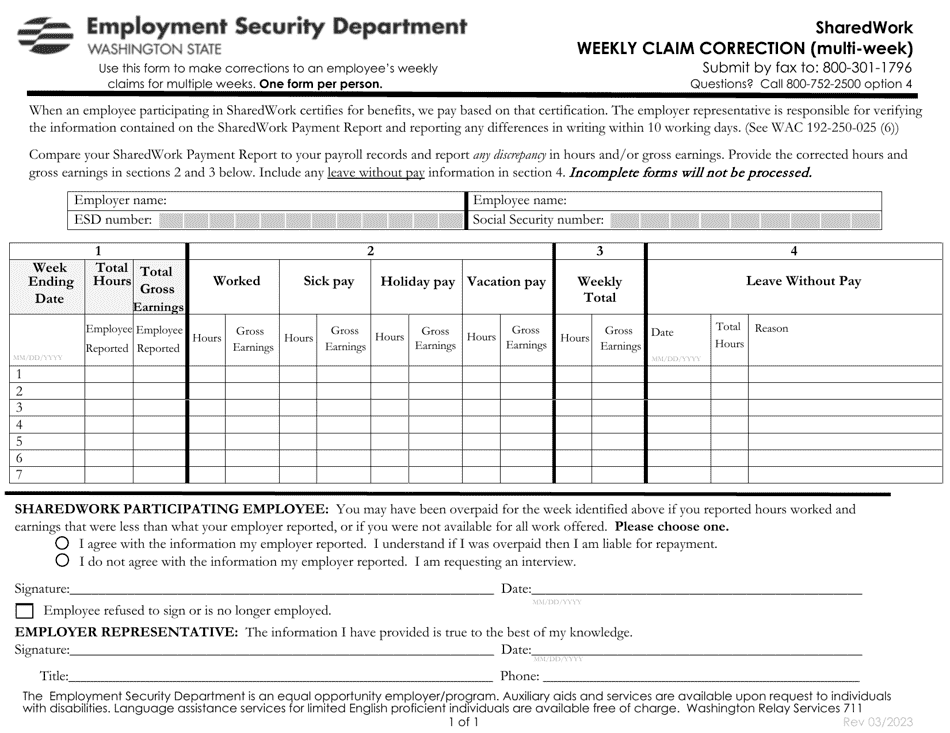 Washington Sharedwork Weekly Claim Correction (Multi-Week) - Fill Out ...