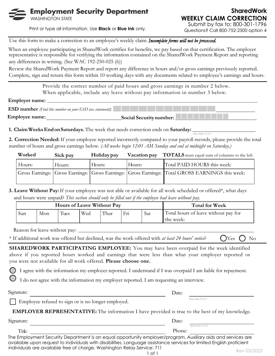 Washington Sharedwork Weekly Claim Correction Download Fillable PDF ...