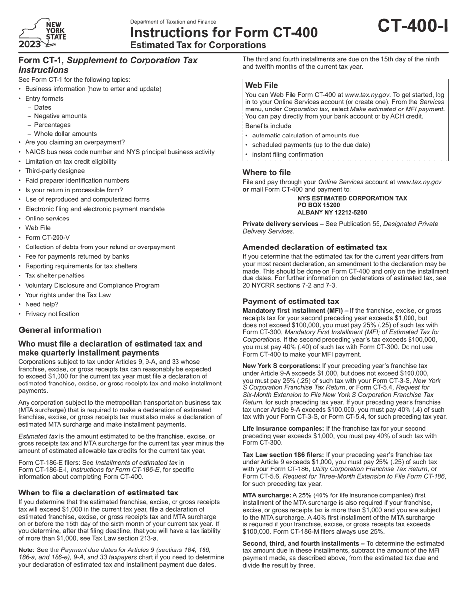 Download Instructions for Form CT-400 Estimated Tax for Corporations ...
