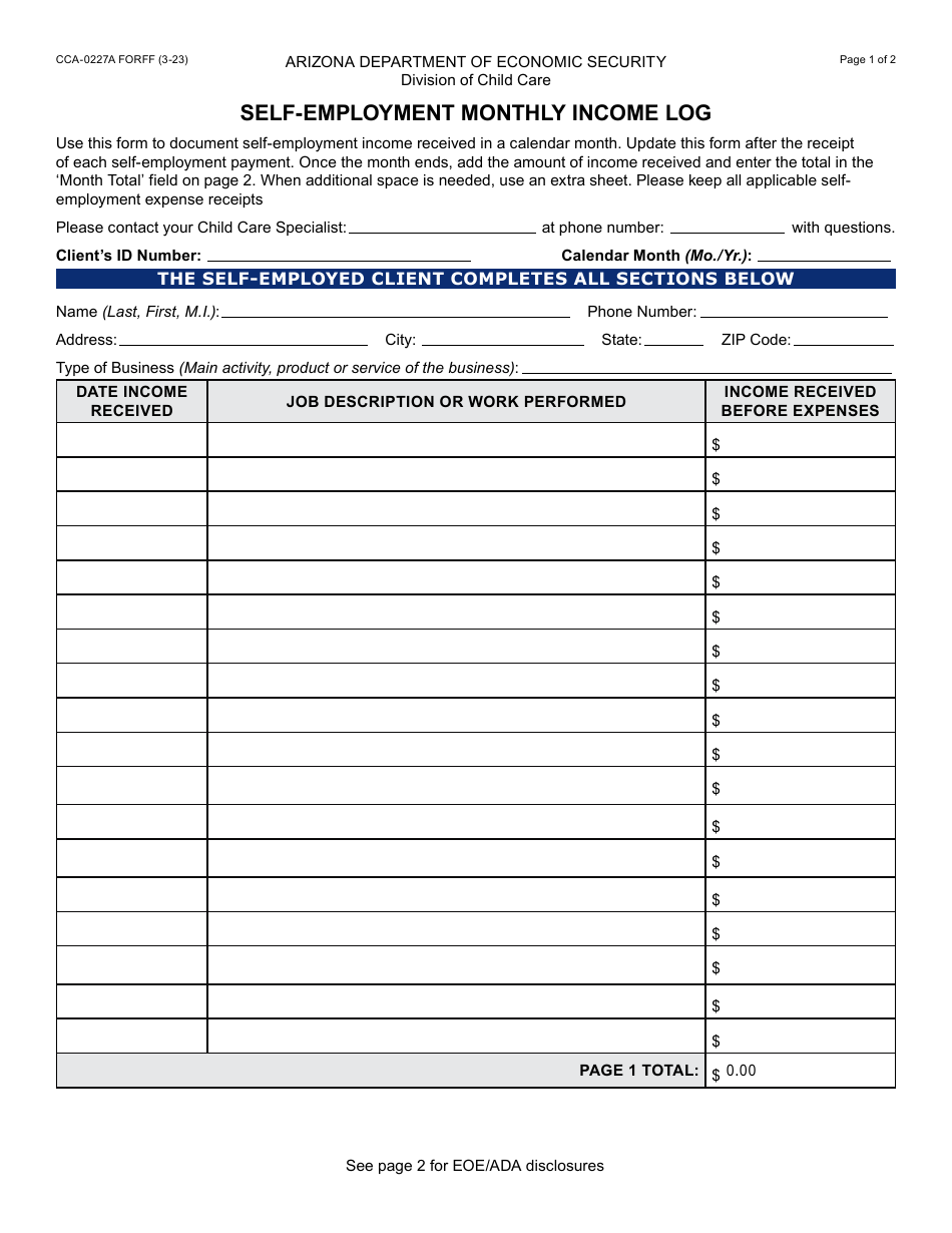 Form CCA-0227A Download Fillable PDF or Fill Online Self-employment ...