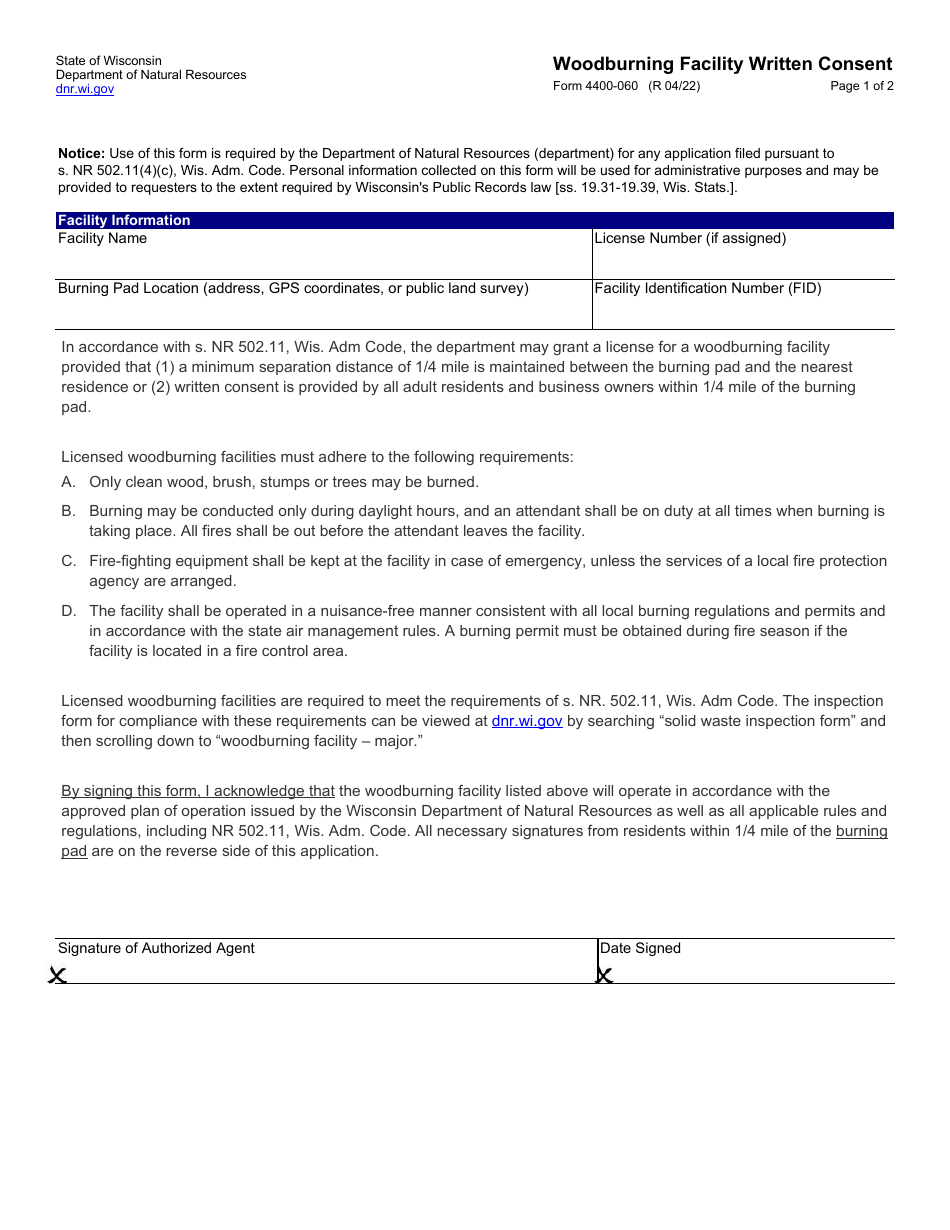 Form 4400-060 Download Fillable PDF or Fill Online Woodburning Facility ...