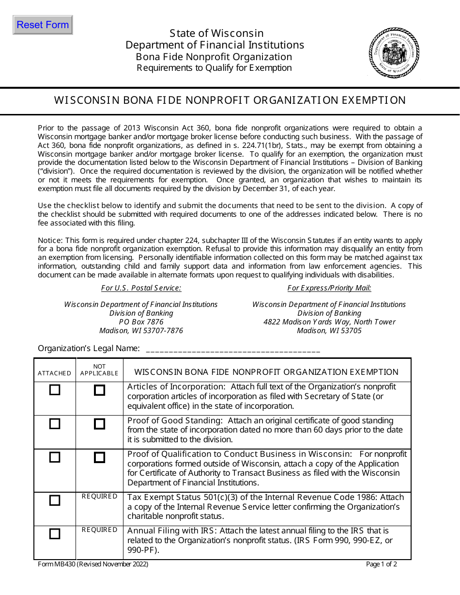 Form MB430 - Fill Out, Sign Online and Download Fillable PDF, Wisconsin ...