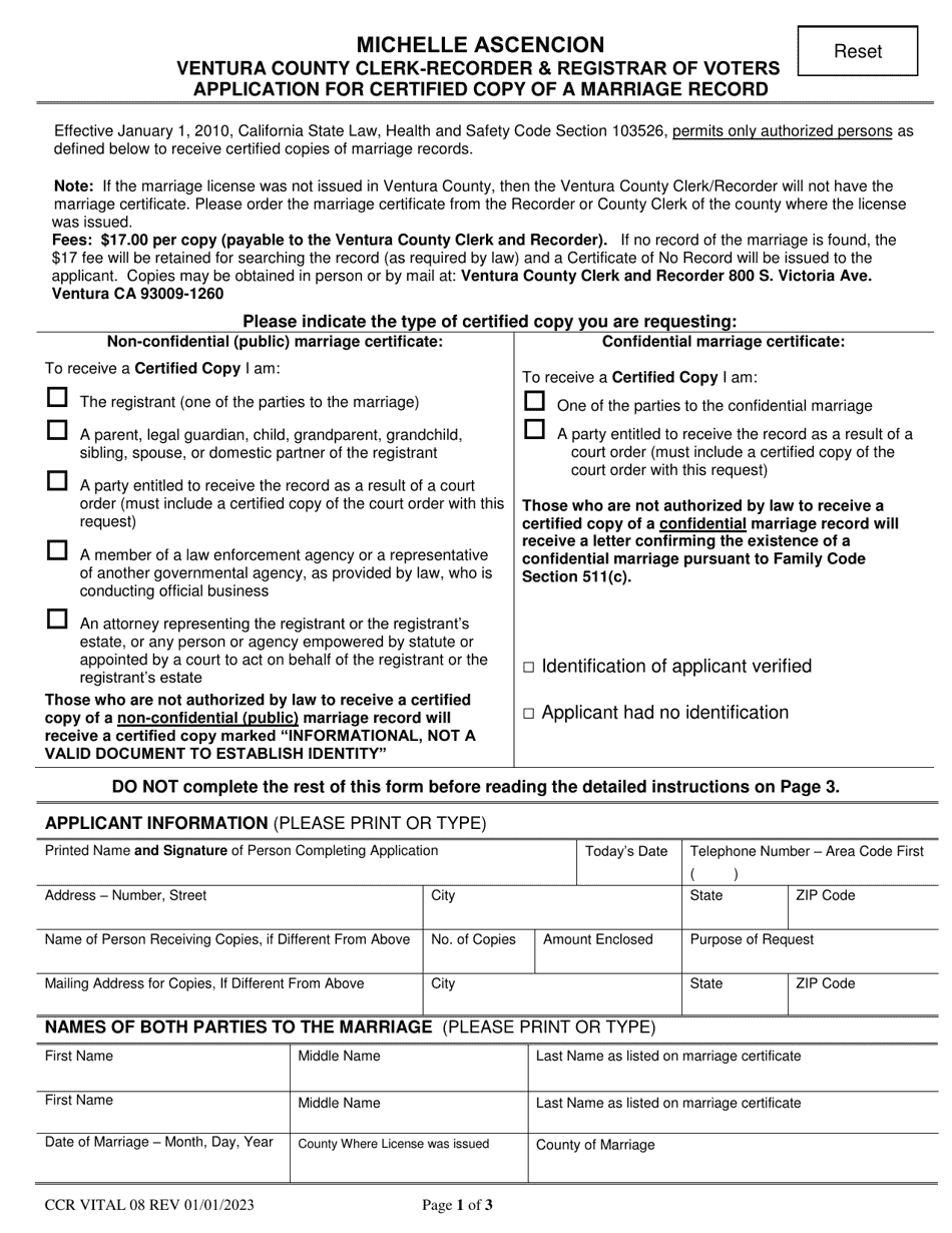 Form CCR VITAL08 - Fill Out, Sign Online and Download Fillable PDF, Ventura County, California ...