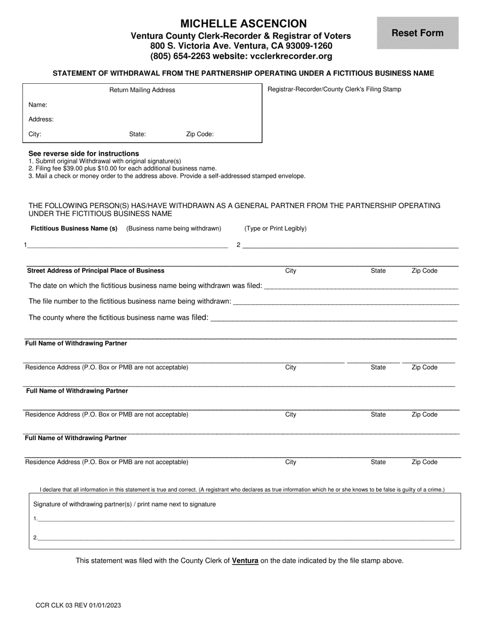 Form CCR CLK03 - Fill Out, Sign Online and Download Fillable PDF, Ventura County, California ...
