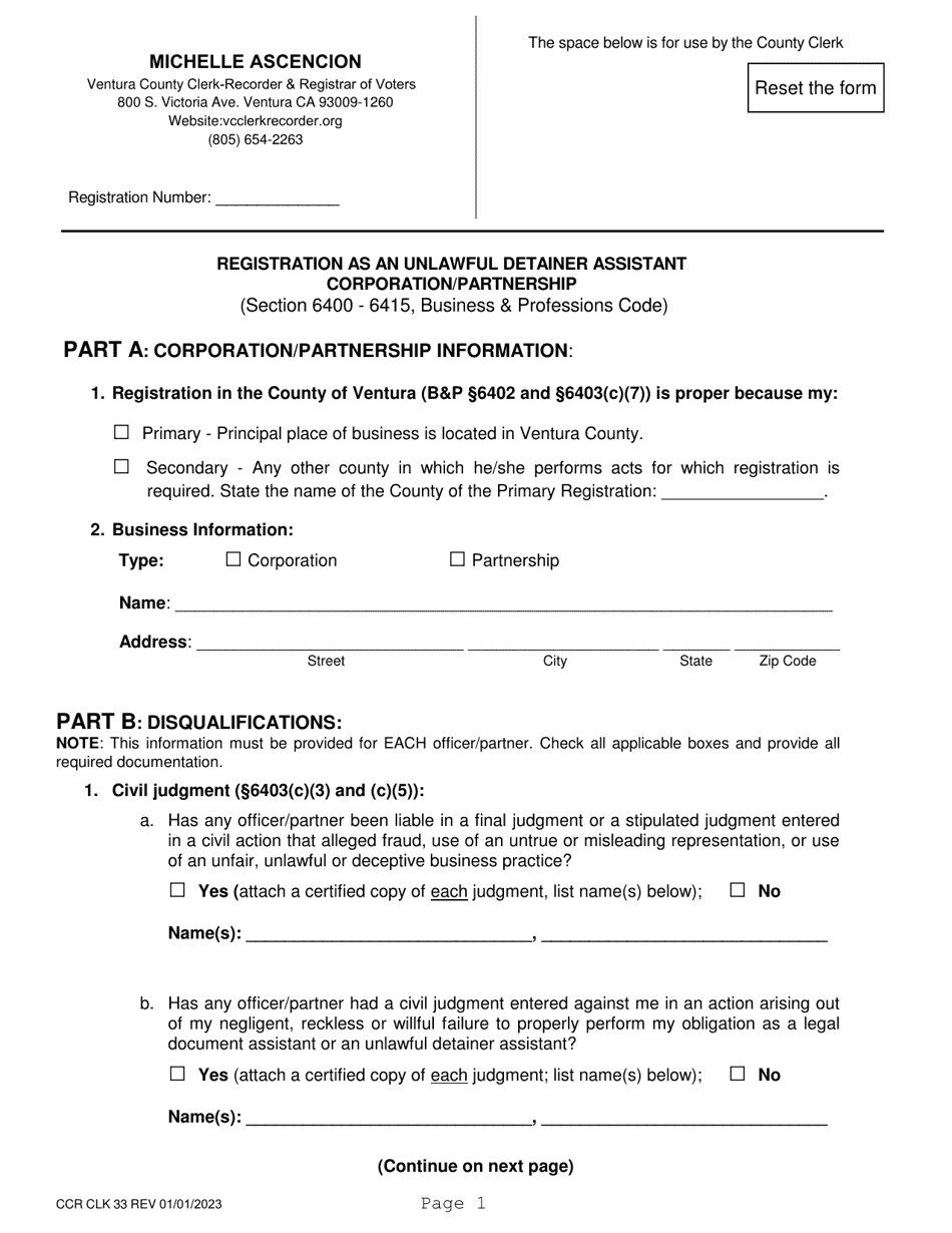 Form CCR CLK33 Download Fillable PDF or Fill Online Registration as an Unlawful Detainer ...