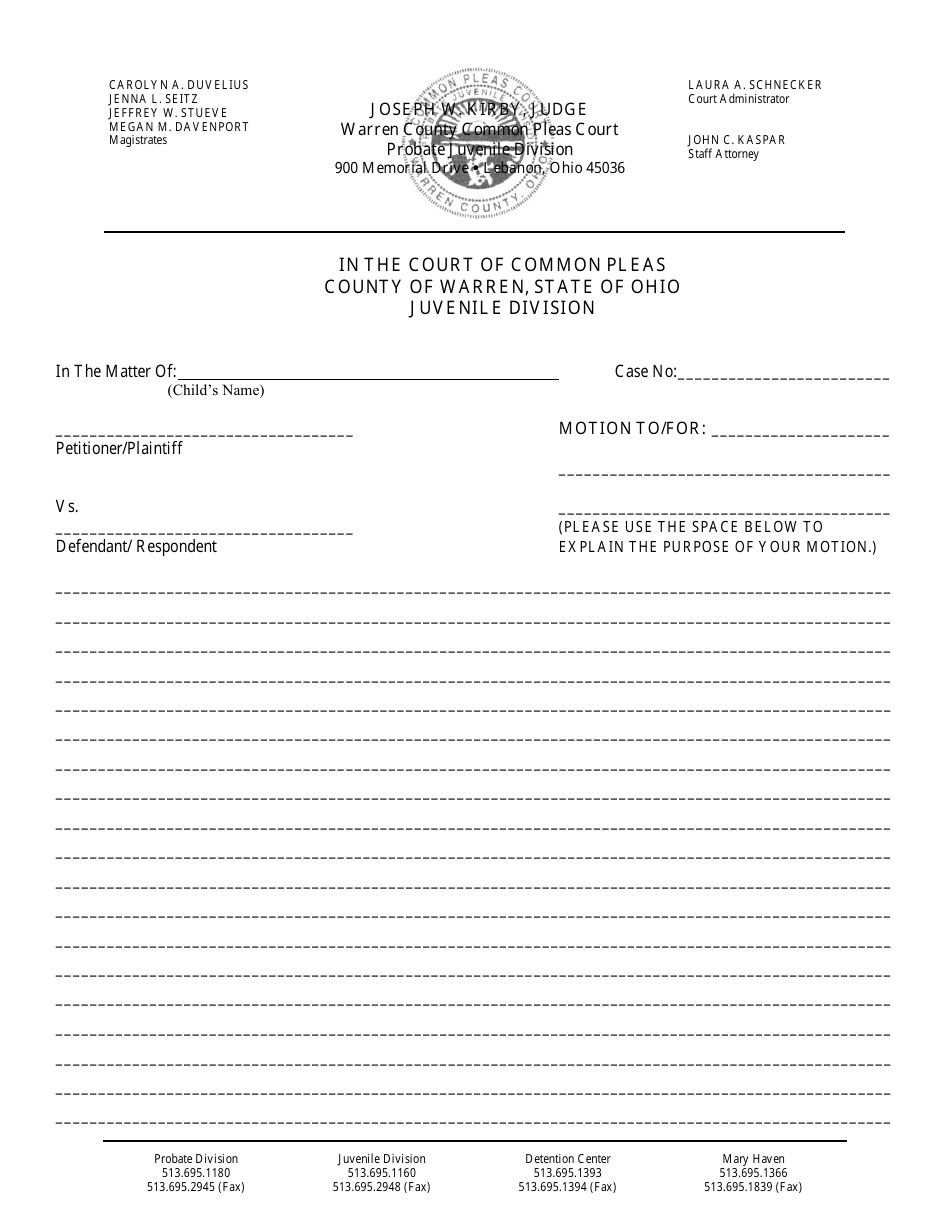 Warren County, Ohio Generic Motion Form - Fill Out, Sign Online and ...