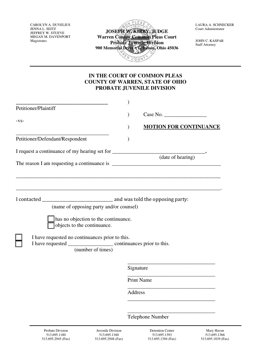 Warren County, Ohio Motion for Continuance - Fill Out, Sign Online and ...