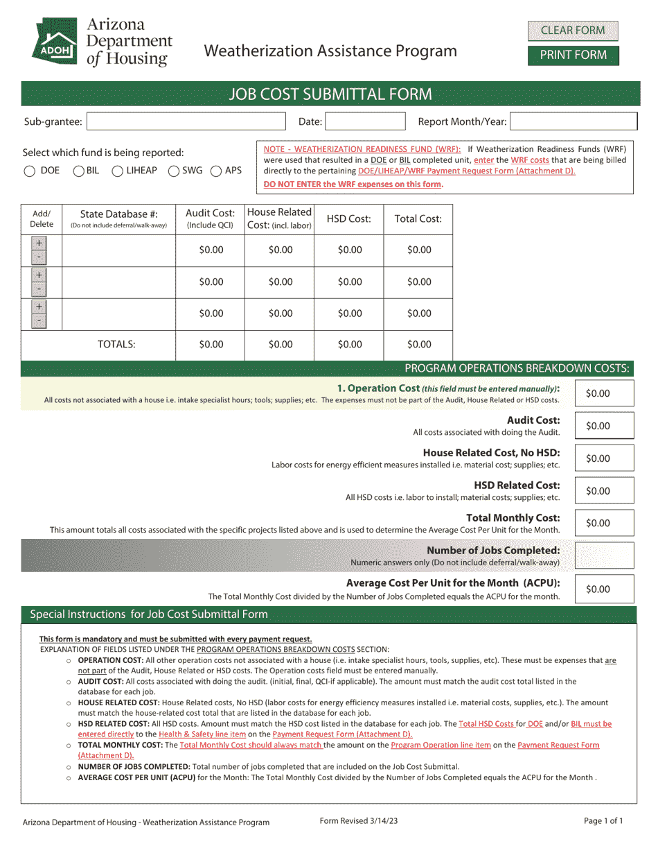 Arizona Job Cost Submittal Form - Weatherization Assistance Program - Fill Out, Sign Online and ...