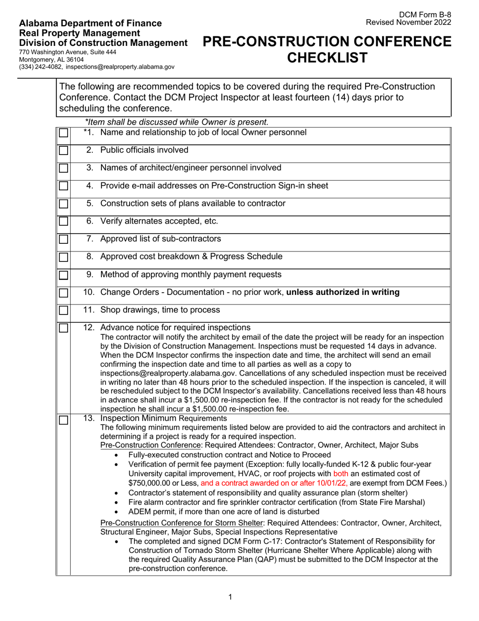 DCM Form B-8 Download Fillable PDF or Fill Online Pre-construction ...