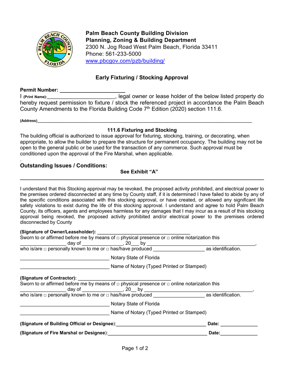 Palm Beach County, Florida Early Fixturing/Stocking Approval - Fill Out, Sign Online and ...