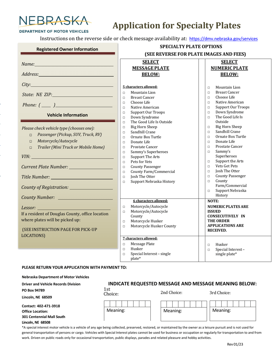 Nebraska Application for Specialty Plates Download Printable PDF 2017 ...