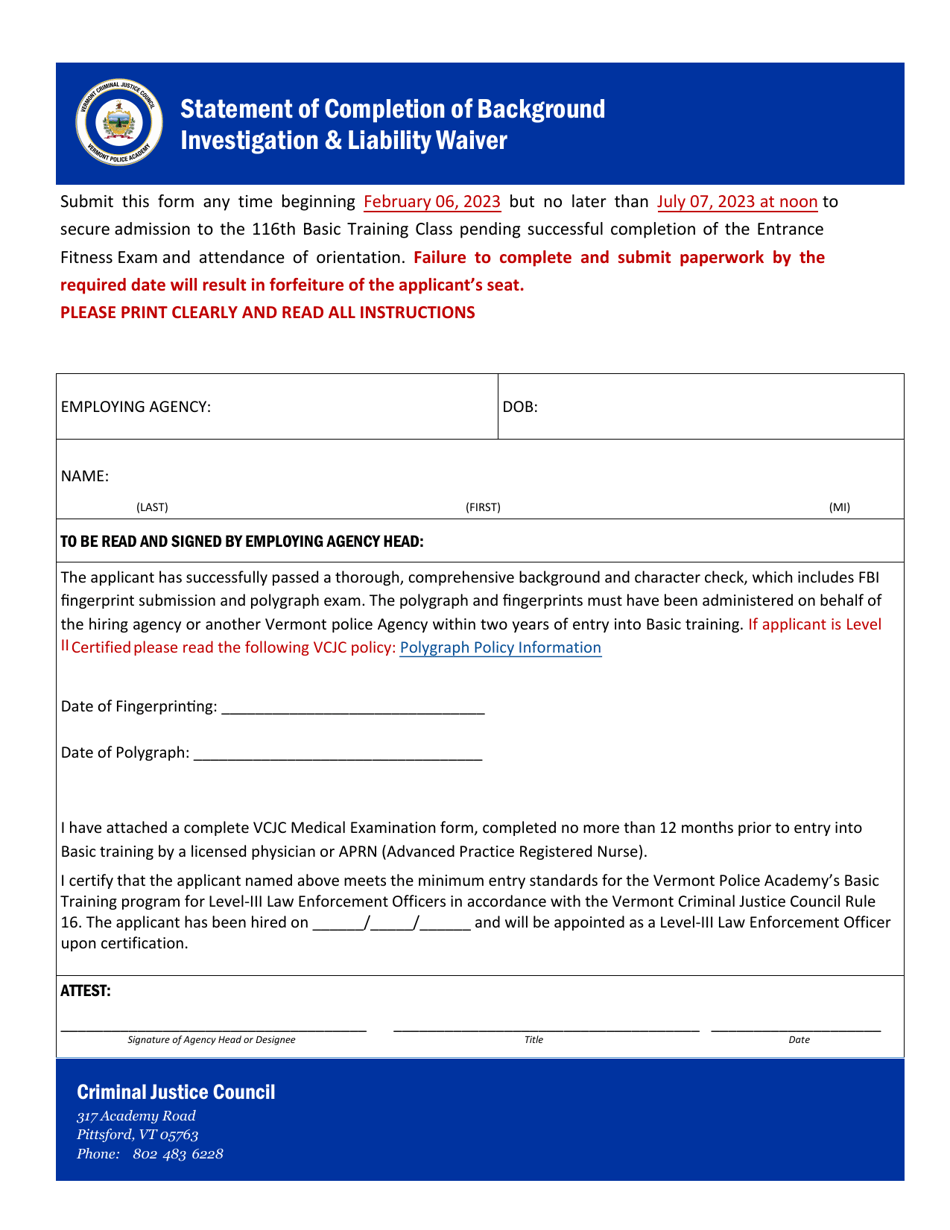 Vermont Statement of Completion of Background Investigation & Liability ...