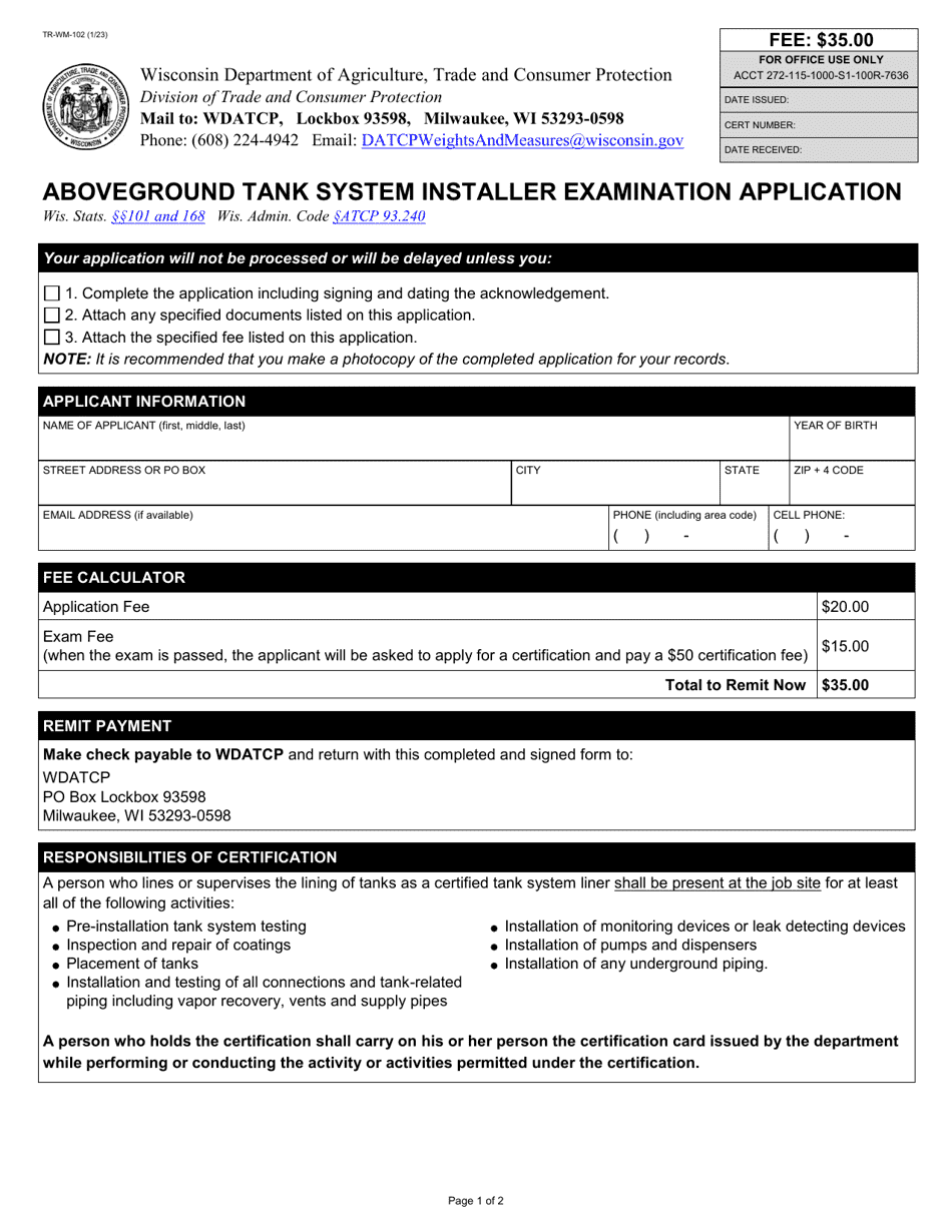 Form TR-WM-102 Download Printable PDF or Fill Online Aboveground Tank System Installer ...