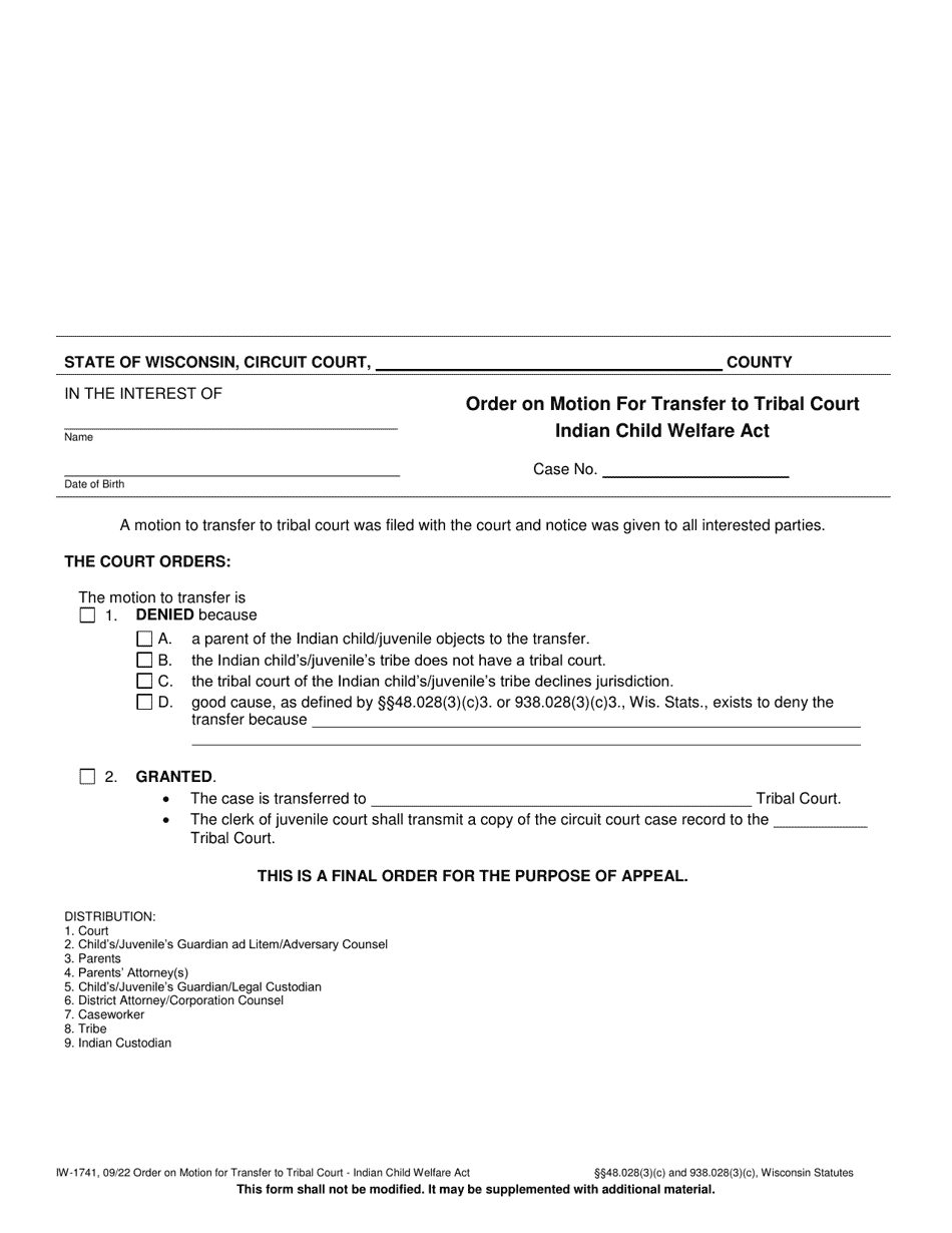 Form IW-1741 Download Printable PDF or Fill Online Order on Motion for ...
