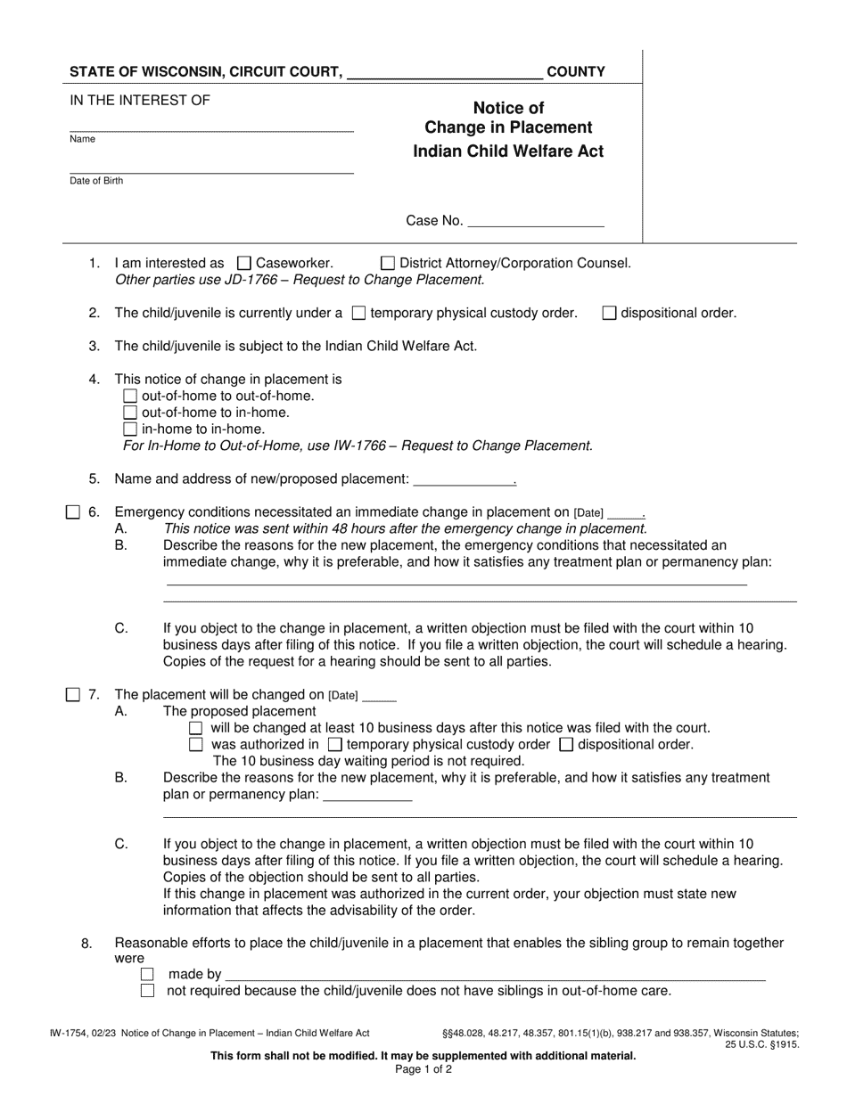 Form IW-1754 Download Printable PDF or Fill Online Notice of Change in ...