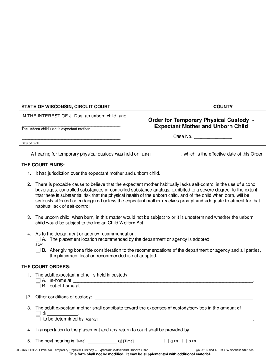 Form JC-1660 Download Printable PDF or Fill Online Order for Temporary Physical Custody ...