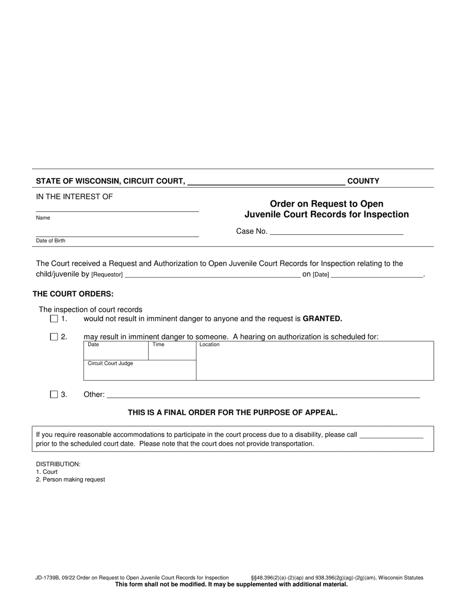 Form JD-1739B Download Printable PDF or Fill Online Order on Request to ...