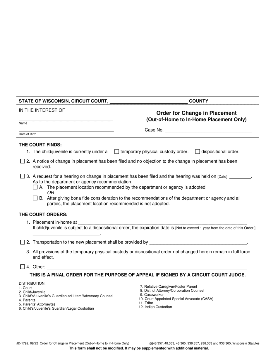 Form JD-1792 Download Printable PDF or Fill Online Order for Change in ...