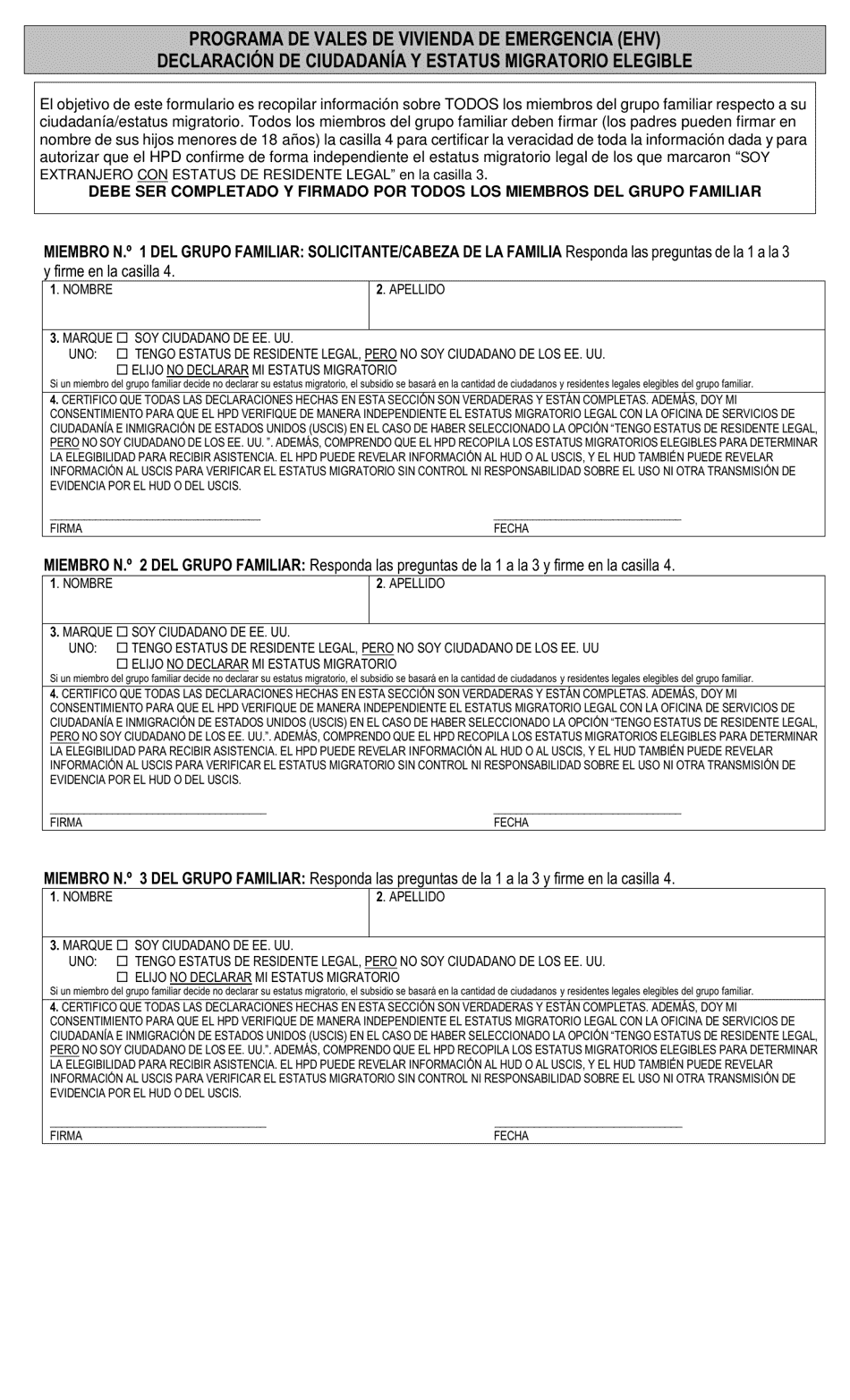 New York City Declaracion De Ciudadania Y Estatus Migratorio Elegible - Programa De Vales De ...