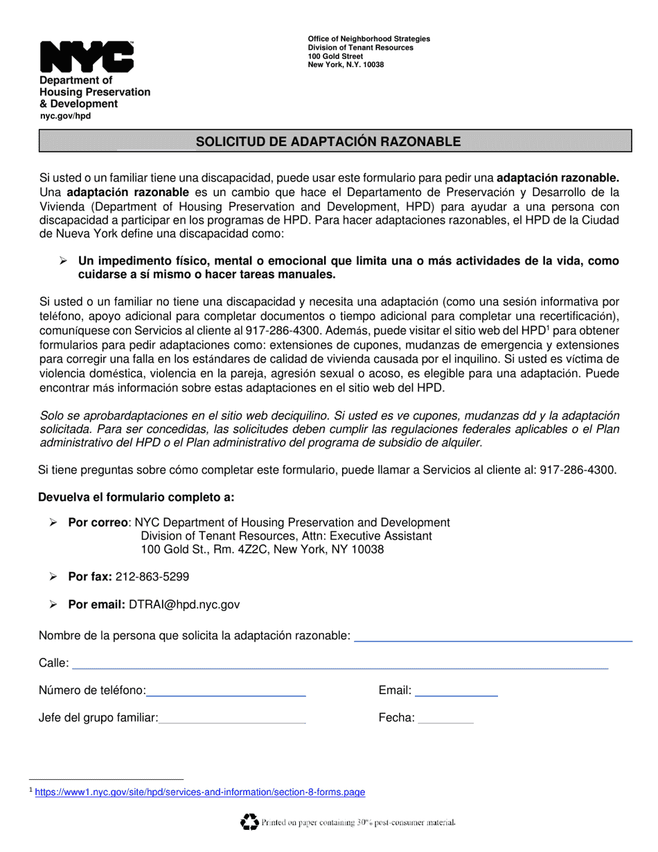 New York City Solicitud De Adaptacion Razonable (Spanish) - Fill Out ...
