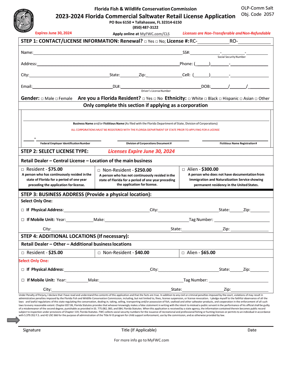 2024 Florida Florida Commercial Saltwater Retail License Application ...