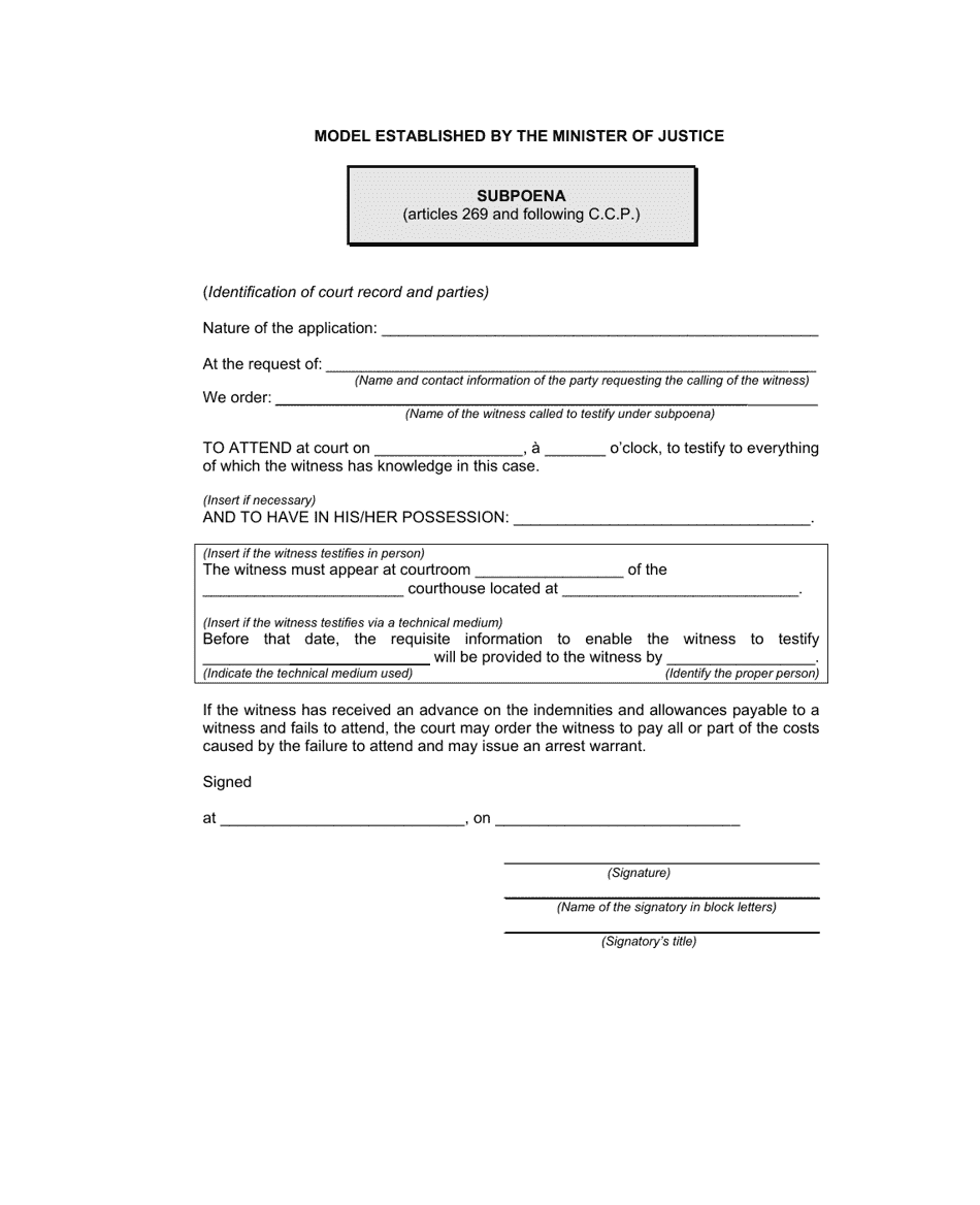 Quebec Canada Subpoena (Articles 269 and Following, Code of Civil ...