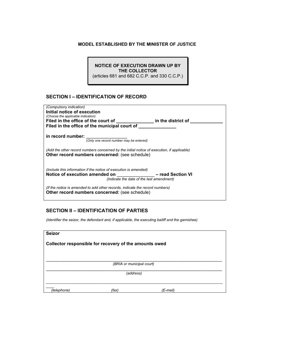 Quebec Canada Notice of Execution Drawn up by the Collector (Articles ...