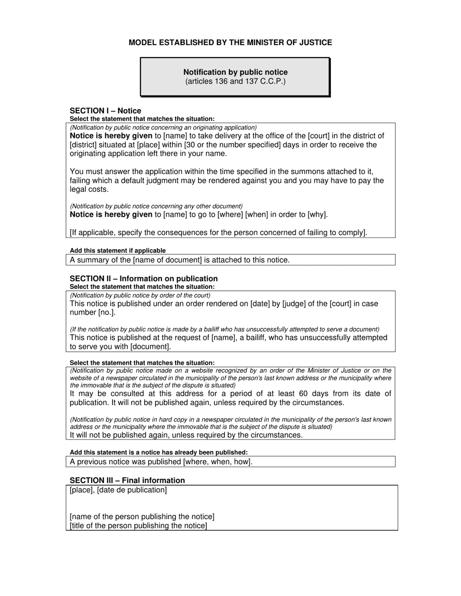 Quebec Canada Notification by Public Notice (Articles 136 and 137 C.c.p ...