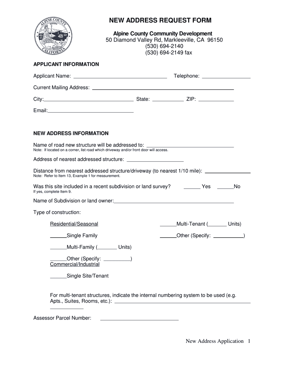 Alpine County, California New Address Request Form - Fill Out, Sign ...