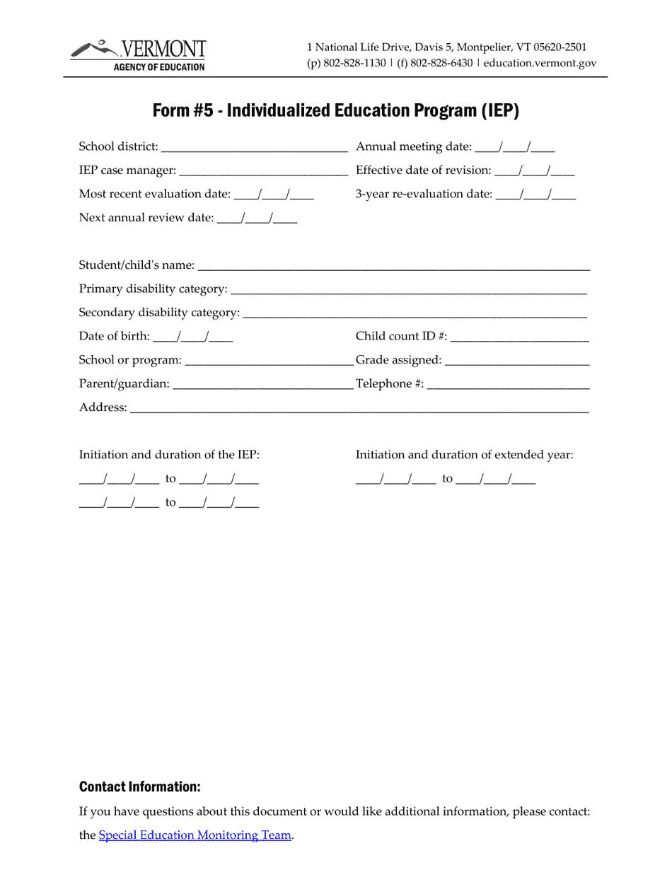 Form 5 Download Printable PDF or Fill Online Individualized Education Program (Iep), Vermont ...
