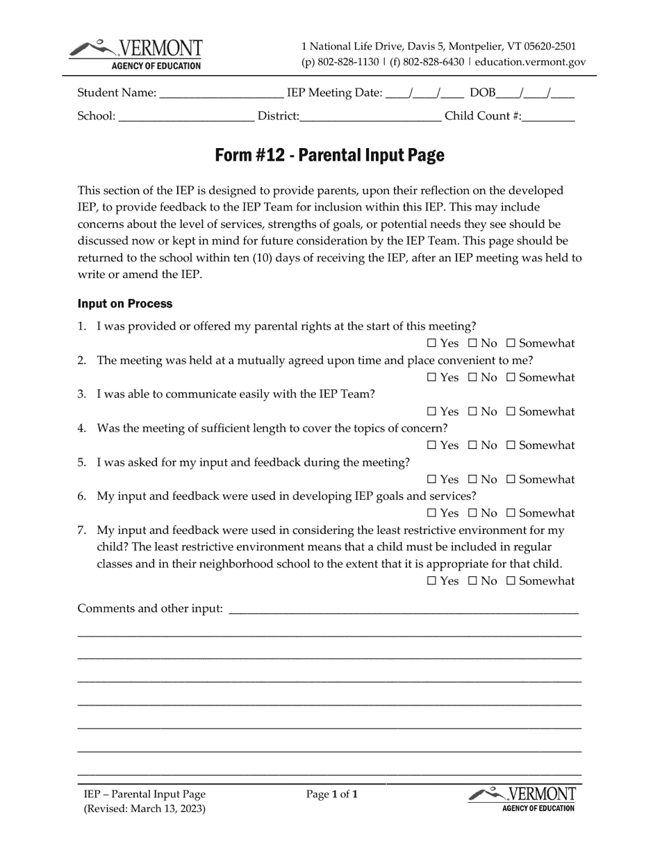 Form 12 Download Printable PDF or Fill Online Parental Input Page ...