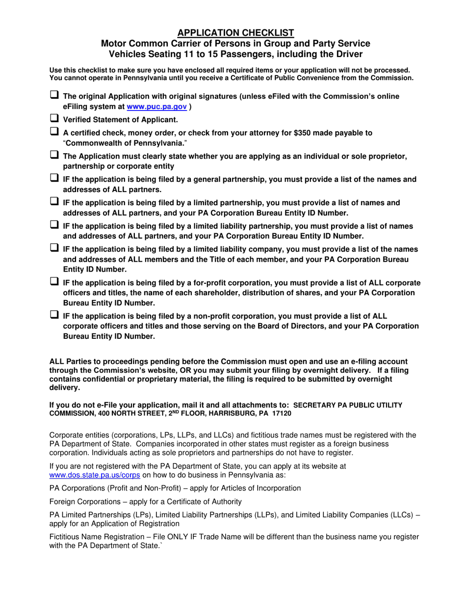 Pennsylvania Application for Motor Common Carrier of Persons Group and ...