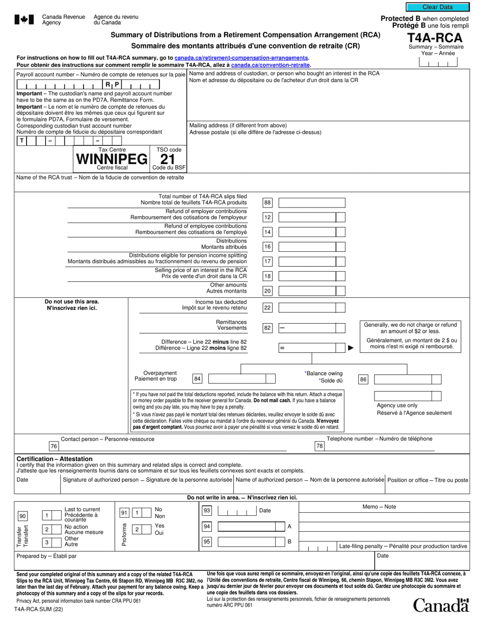 Form T4A-RCA-SUM Download Fillable PDF or Fill Online Summary of ...