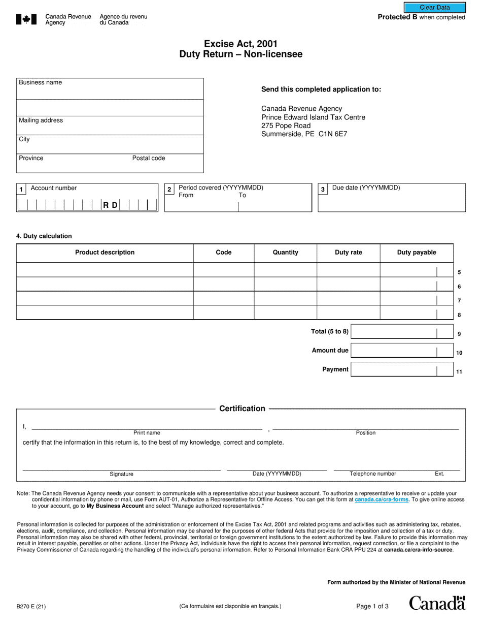 Form B270 Download Fillable PDF or Fill Online Excise Act, 2001 - Duty ...