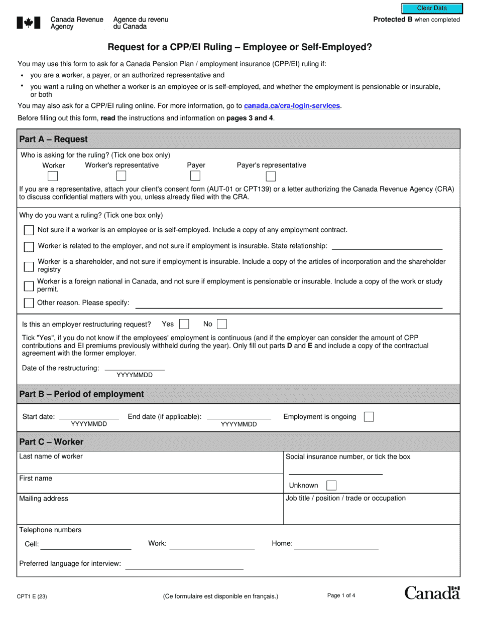 Form CPT1 Download Fillable PDF or Fill Online Request for a Cpp/Ei ...