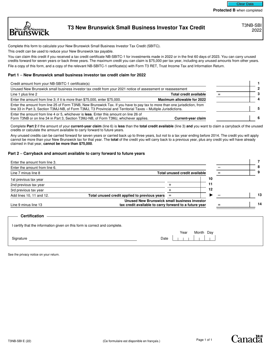 Form T3NB-SBI Download Fillable PDF or Fill Online New Brunswick Small ...