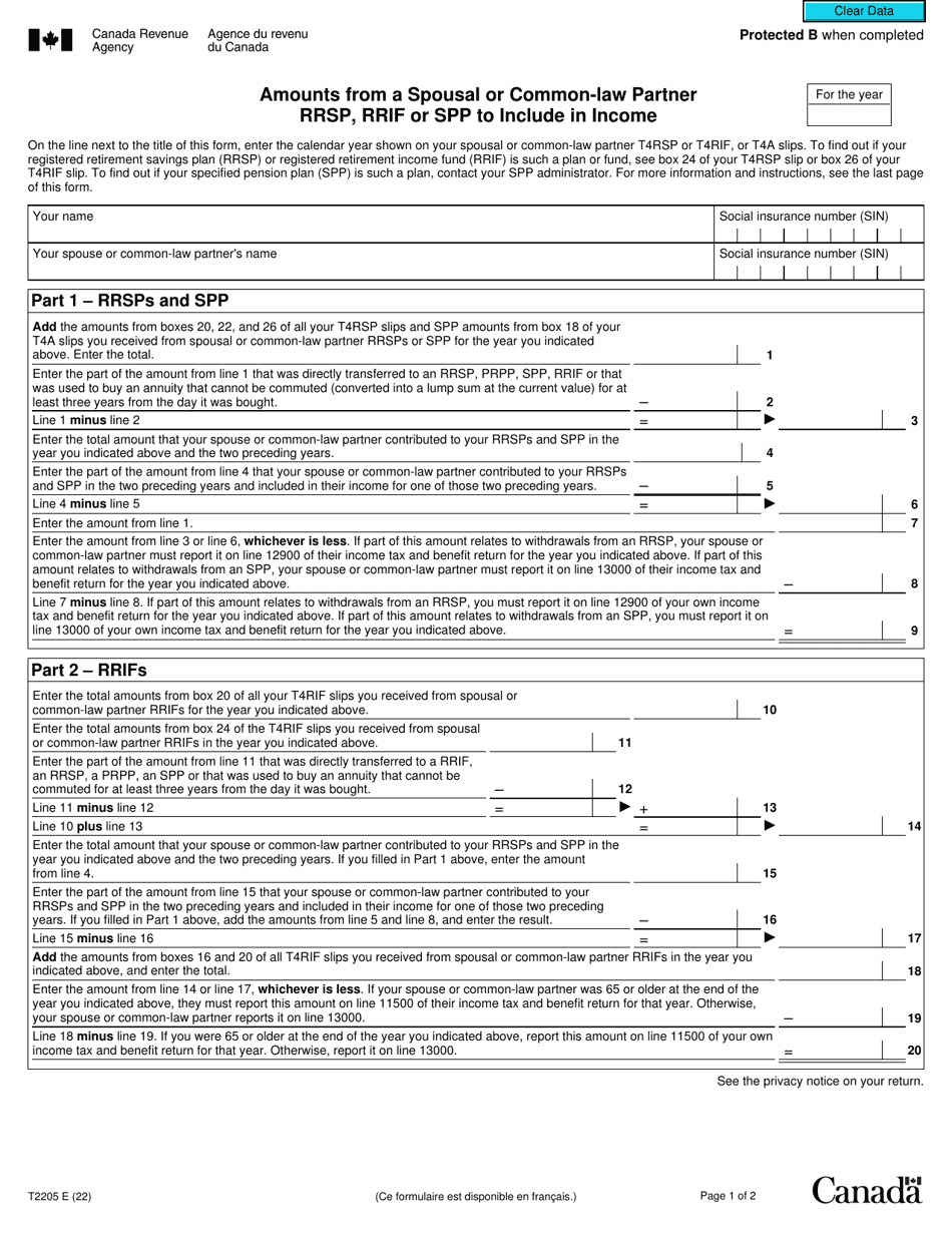 Form T2205 Download Fillable PDF or Fill Online Amounts From a Spousal ...