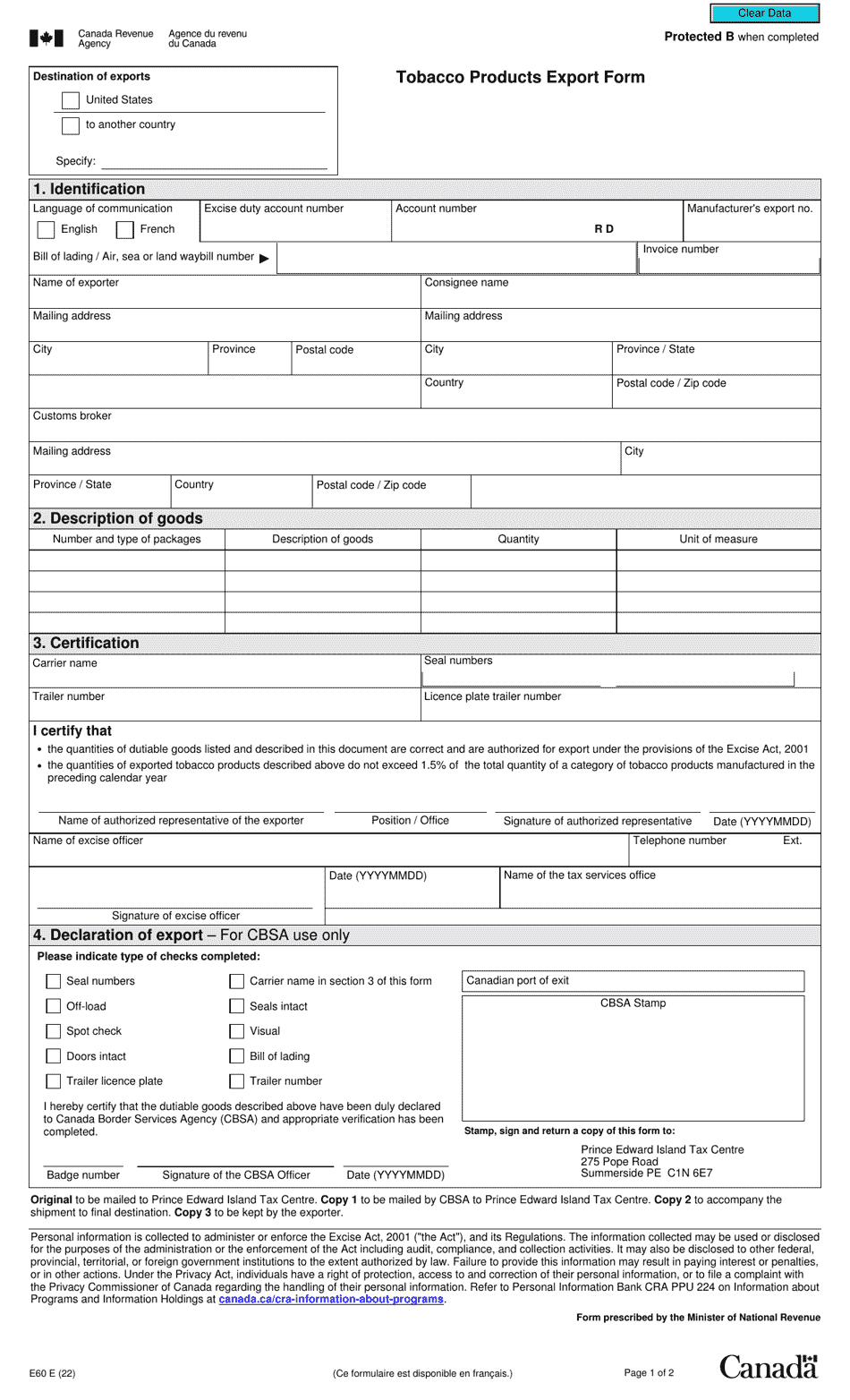 Form E60 Download Fillable PDF or Fill Online Tobacco Products Export ...