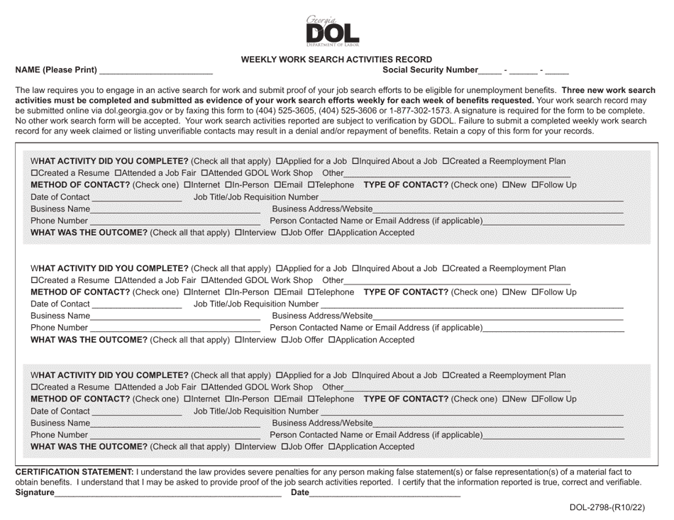 Form DOL-2798 Download Printable PDF or Fill Online Weekly Work Search ...